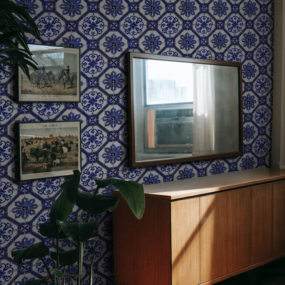 Alma - Blue and White Spanish Tiles Wallpaper