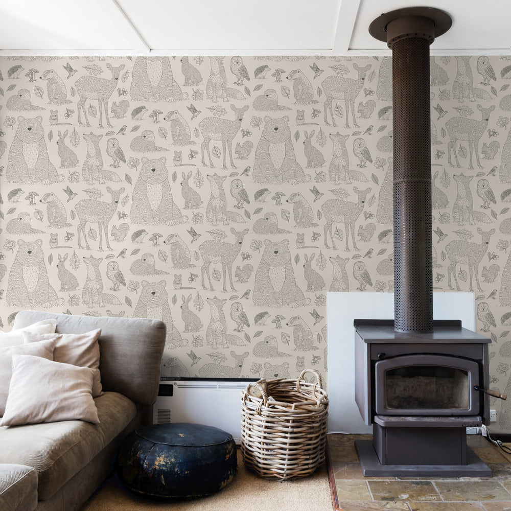 Woodland (Tan) - Hand-Drawn Forest Fauna Wallpaper