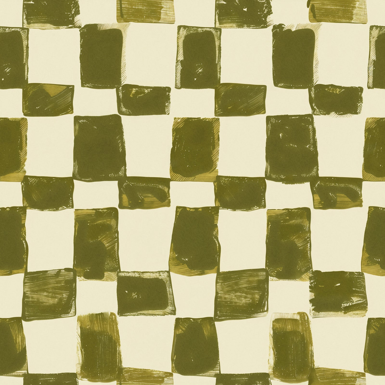 Olive Green Checkerboard Wallpaper - Hand-Painted Modern Design