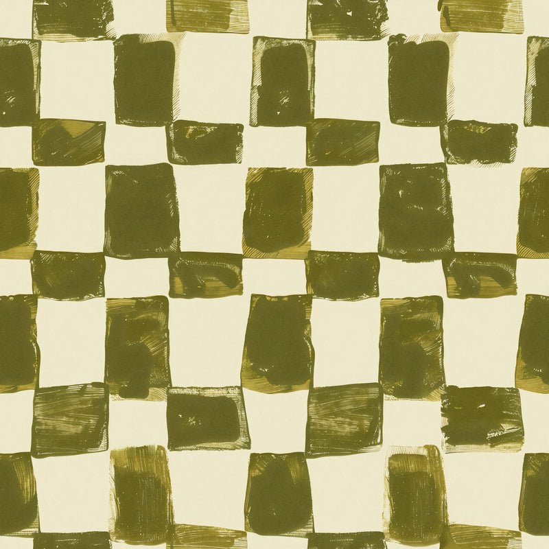 Olive Green Checkerboard Wallpaper - Hand-Painted Modern Design