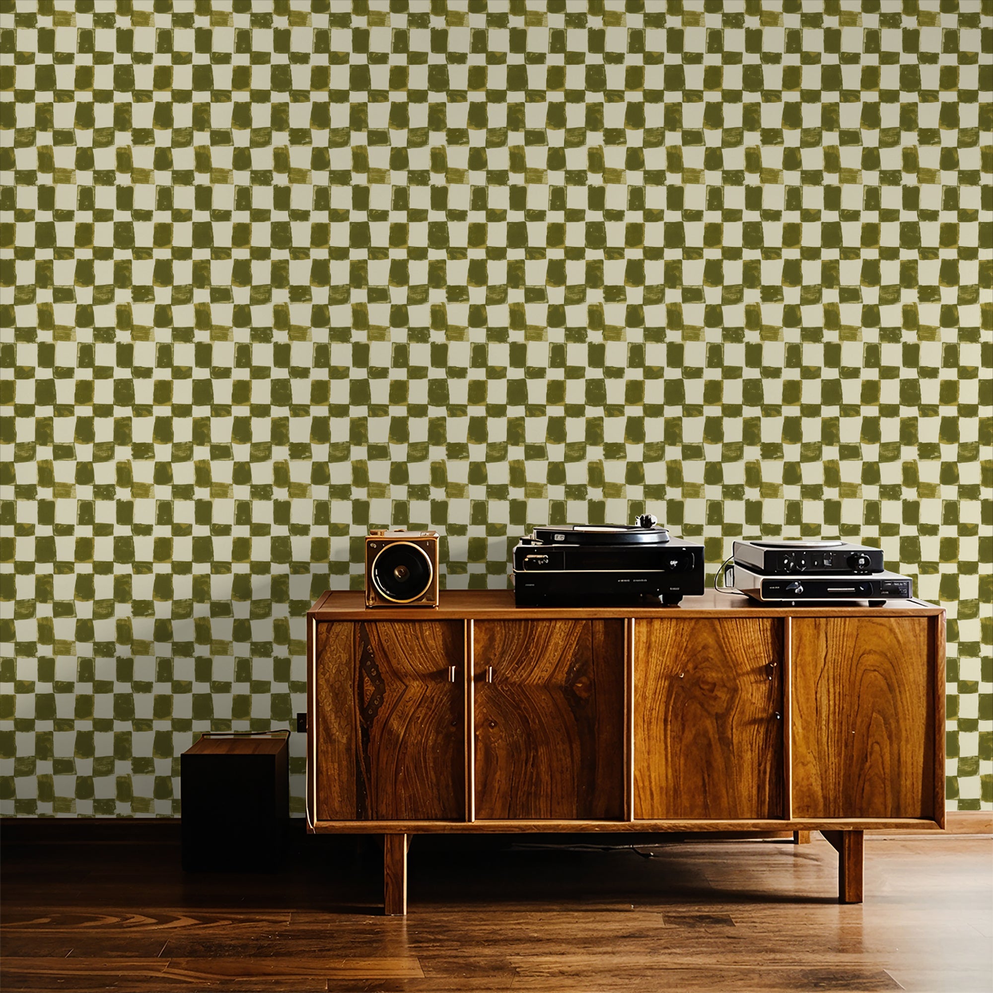 Olive Green Checkerboard Wallpaper - Hand-Painted Modern Design