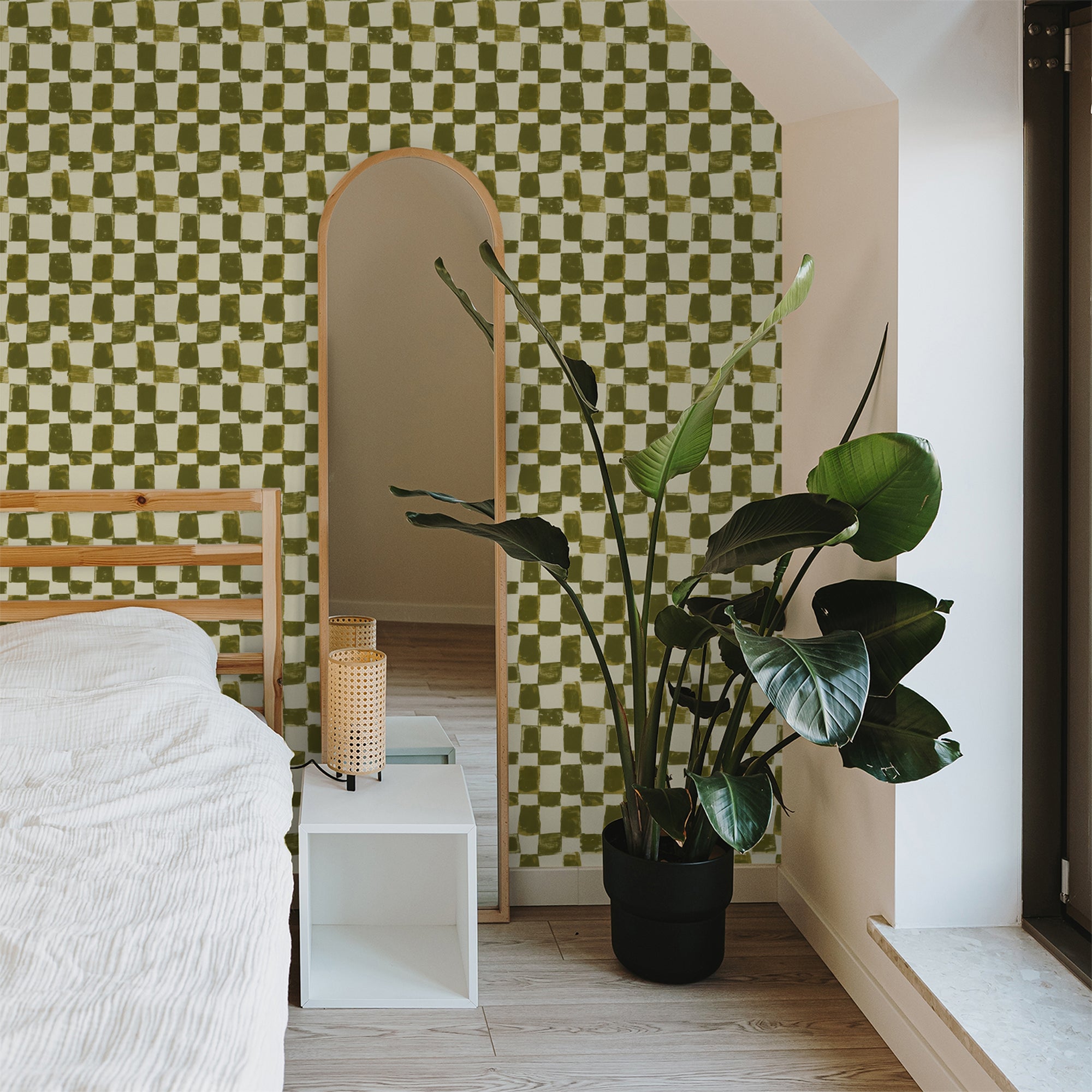 Olive Green Checkerboard Wallpaper - Hand-Painted Modern Design