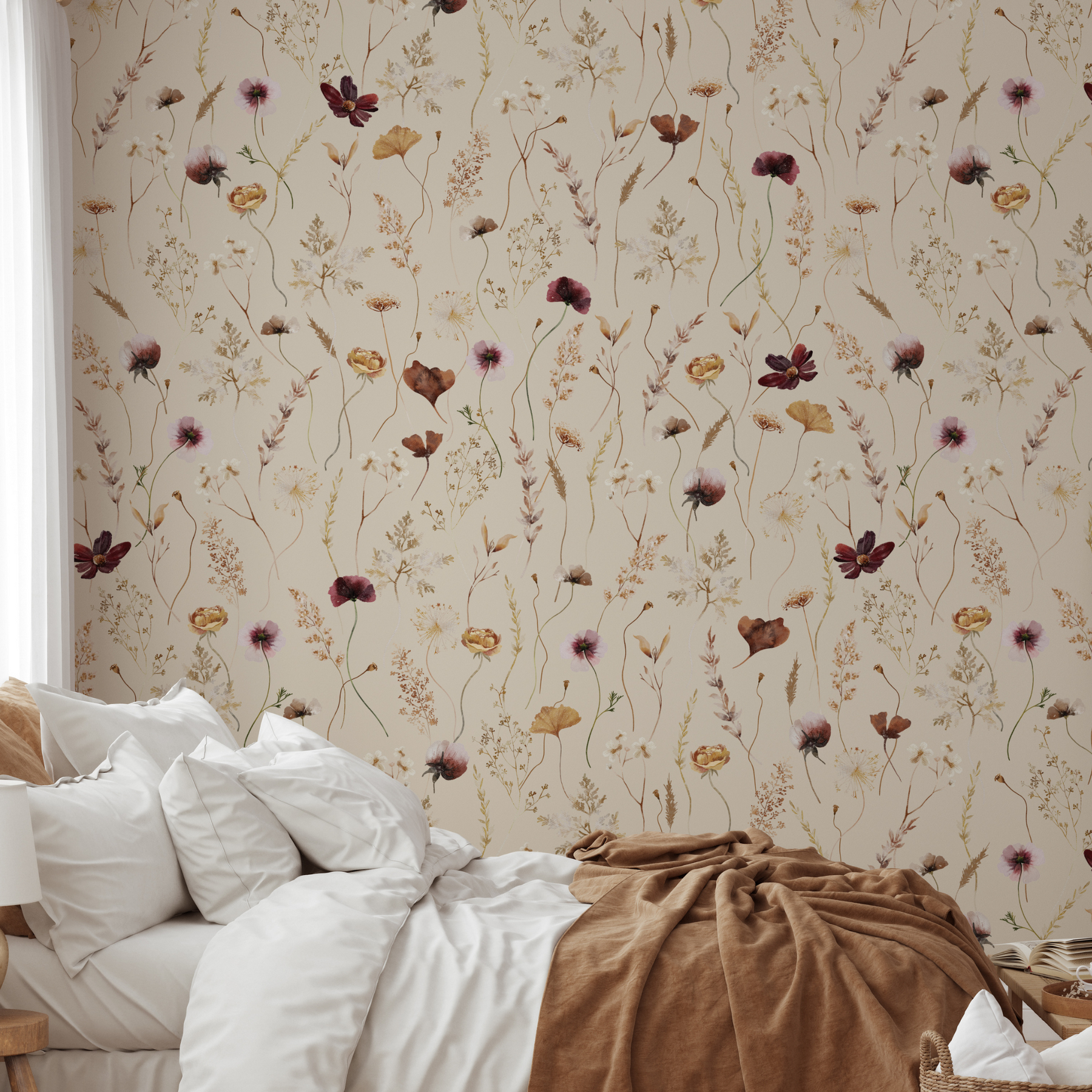 Dahlia (Tan) - Boho Floral Wallpaper