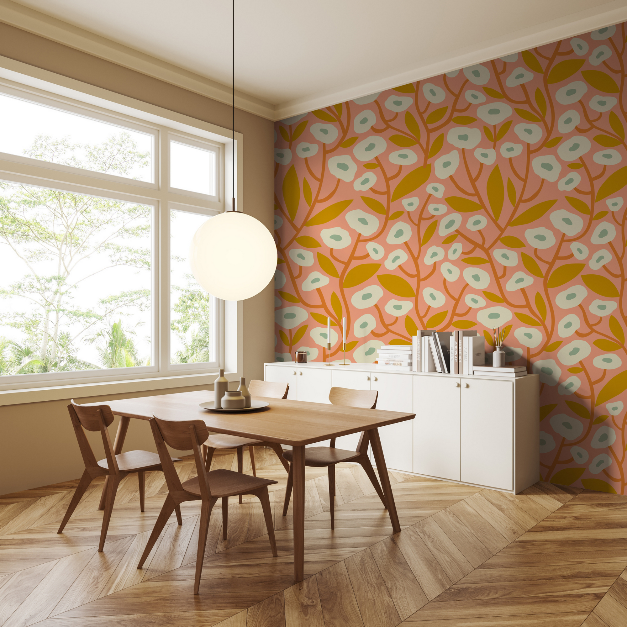 Georgia (Orange) - Retro Boho Flowers Wallpaper