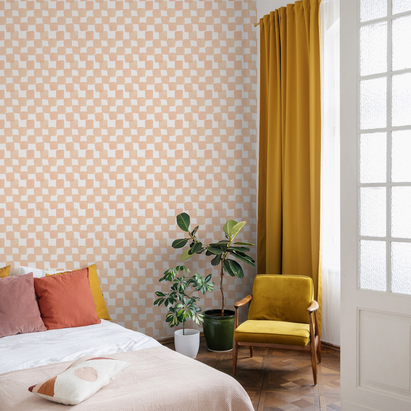 Peachy Plaid - Hand Painted Peach Checker Wallpaper