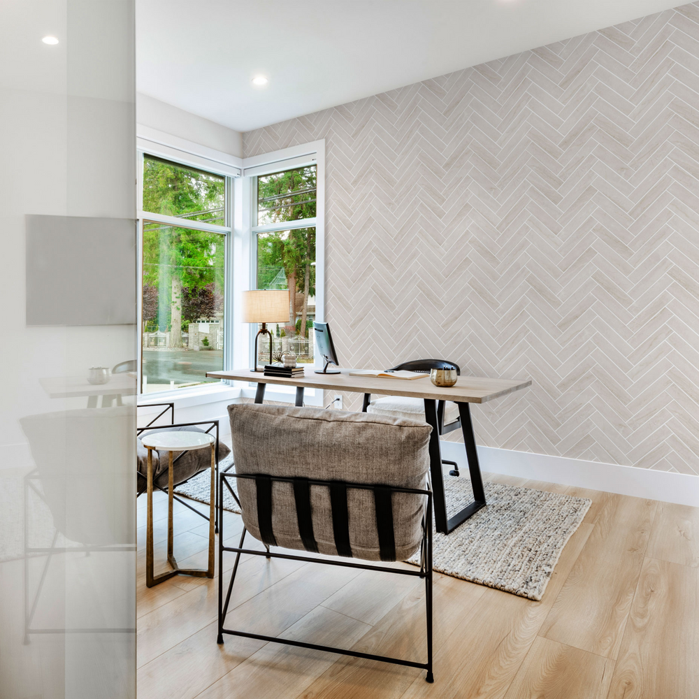 Sweet Cream - Greige Marble Herringbone Peel and Stick Wallpaper