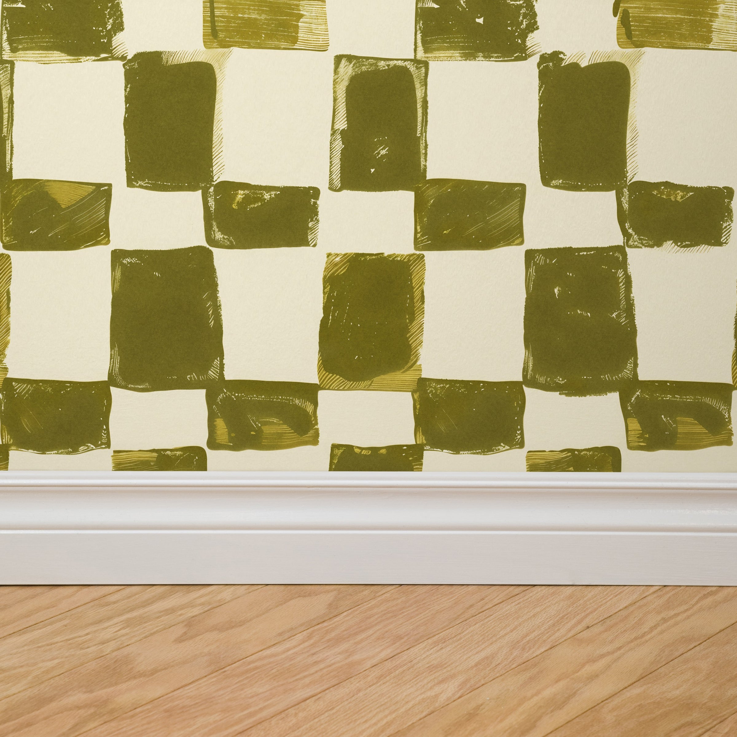 Olive Green Checkerboard Wallpaper - Hand-Painted Modern Design