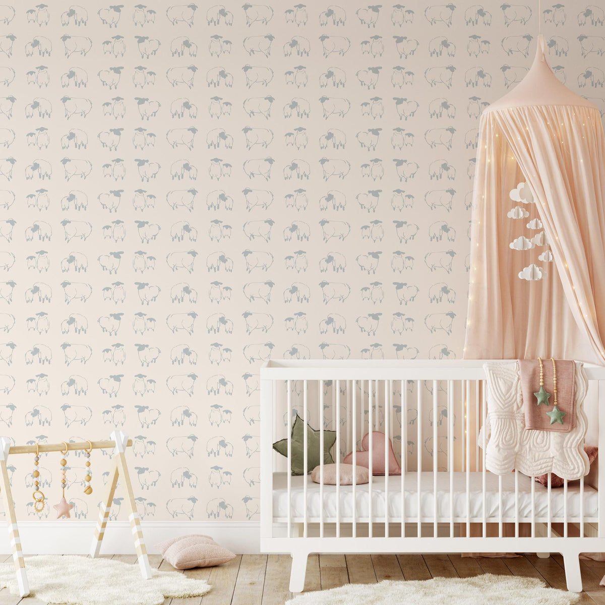 Baba - Cream and Powder Blue Sheep Nursery Peel and Stick Wallpaper