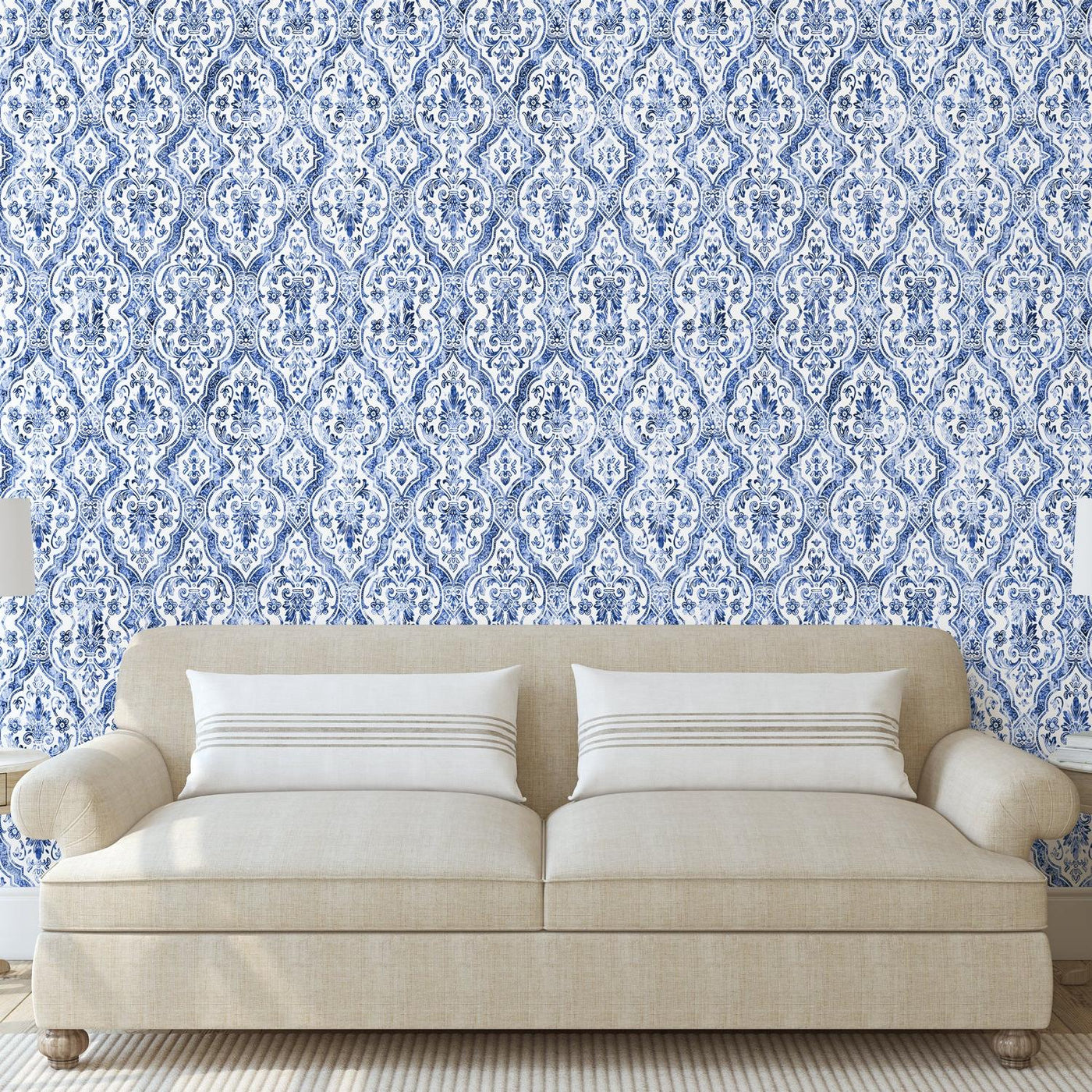 Francesca - Blue Damask Peel and Stick Wallpaper