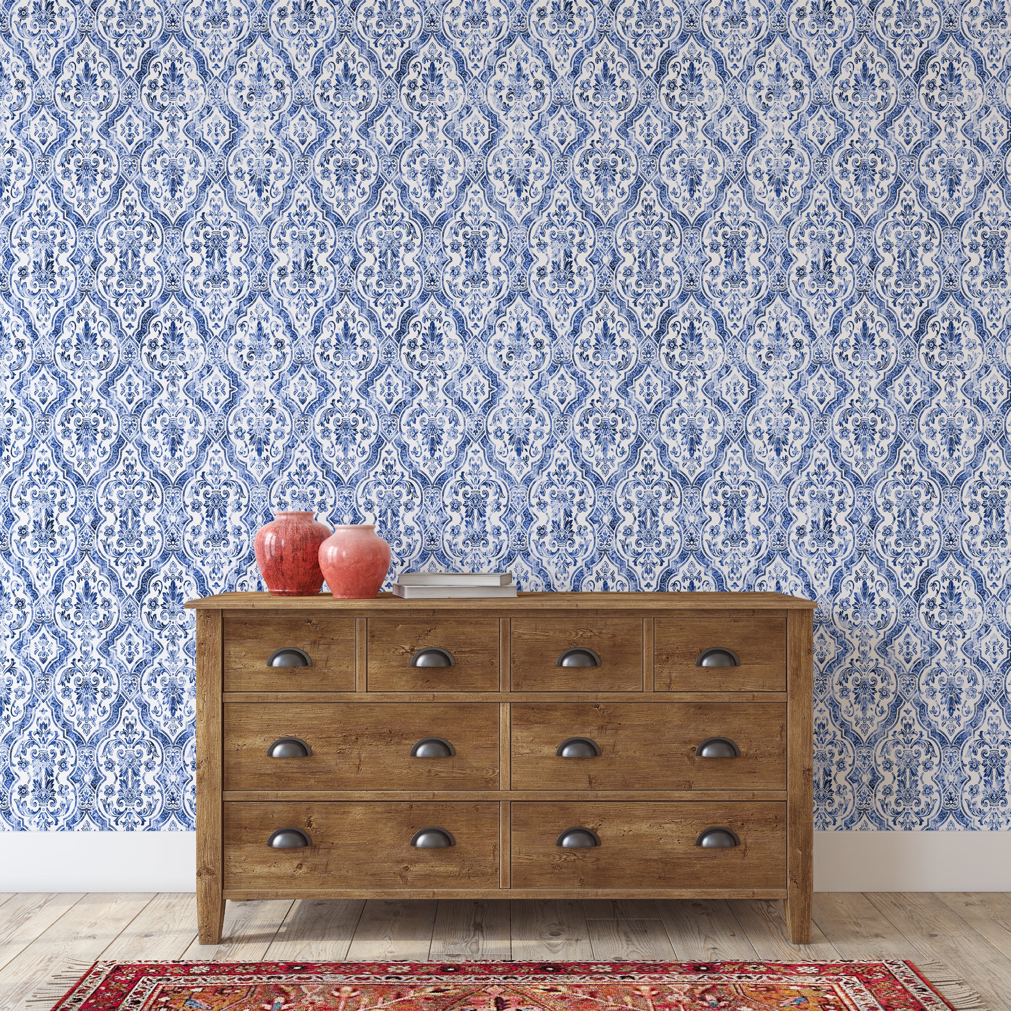 Francesca - Blue Damask Peel and Stick Wallpaper
