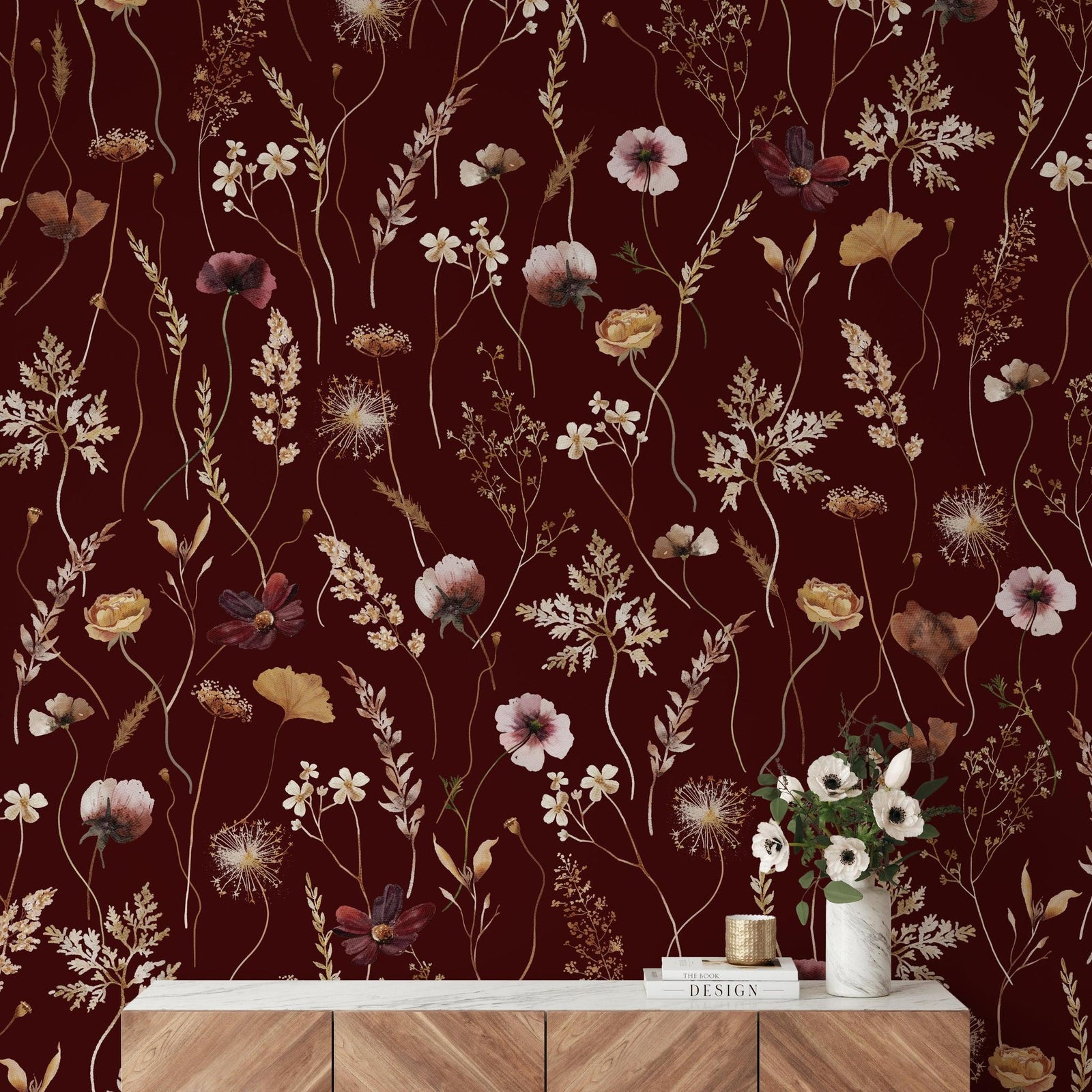 Dahlia (Maroon) - Boho Floral Wallpaper