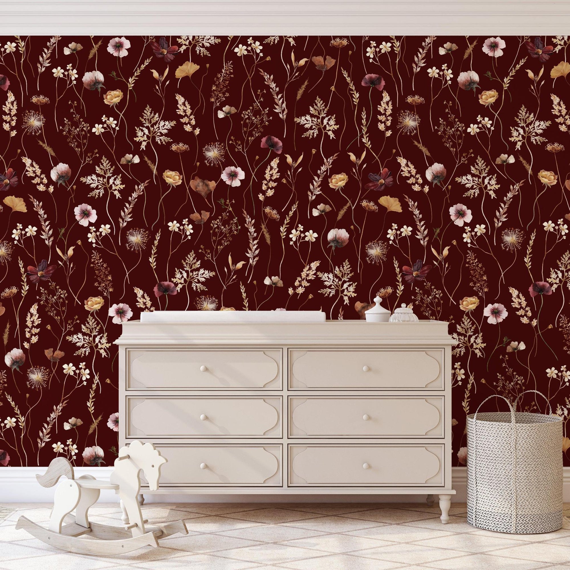 Dahlia (Maroon) - Boho Floral Wallpaper