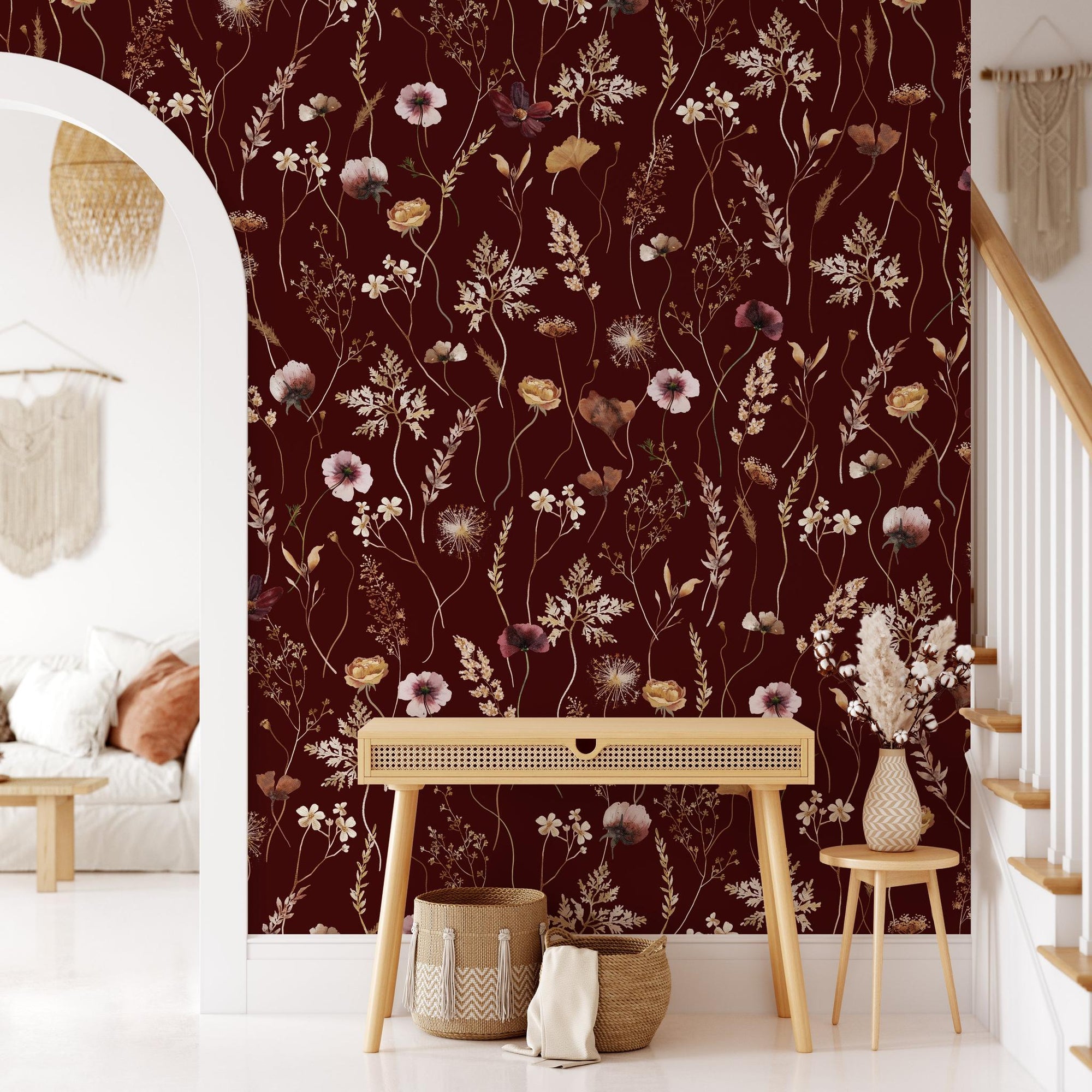 Dahlia (Maroon) - Boho Floral Wallpaper